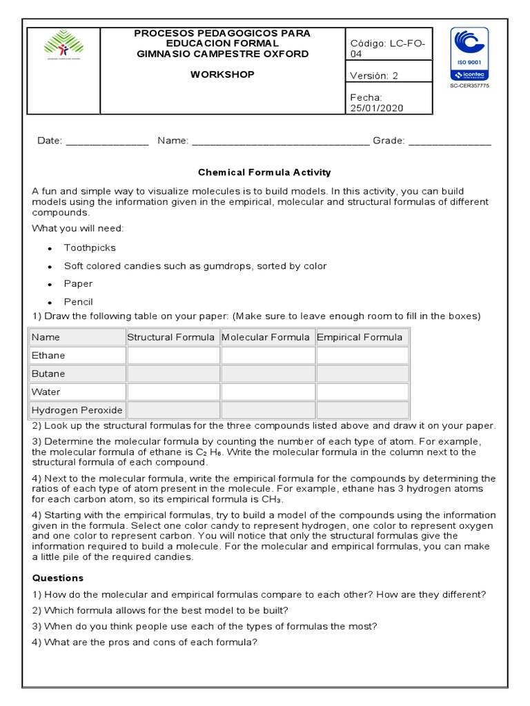 Chemical Formula Activity.