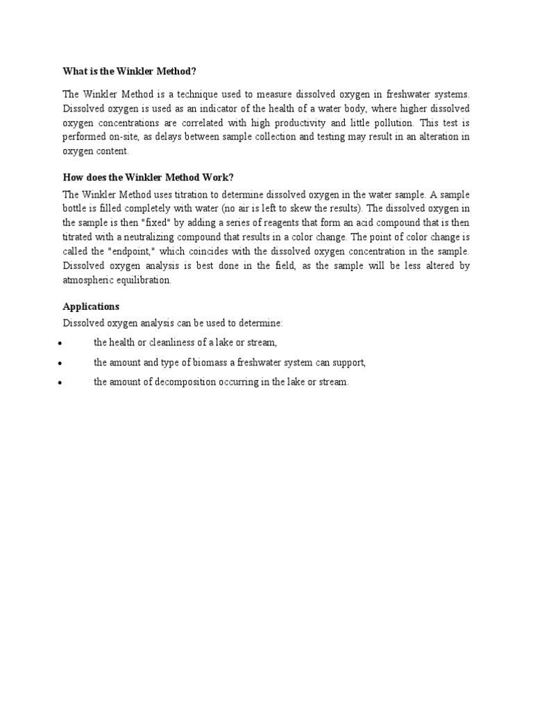 What Is The Winkler Method | PDF | Titration | Chemistry