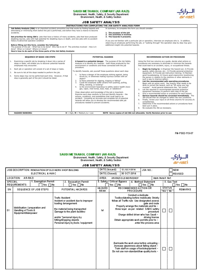 Saudi Methanol Company (Ar-Razi) : Job Safety Analysis | PDF | Personal ...