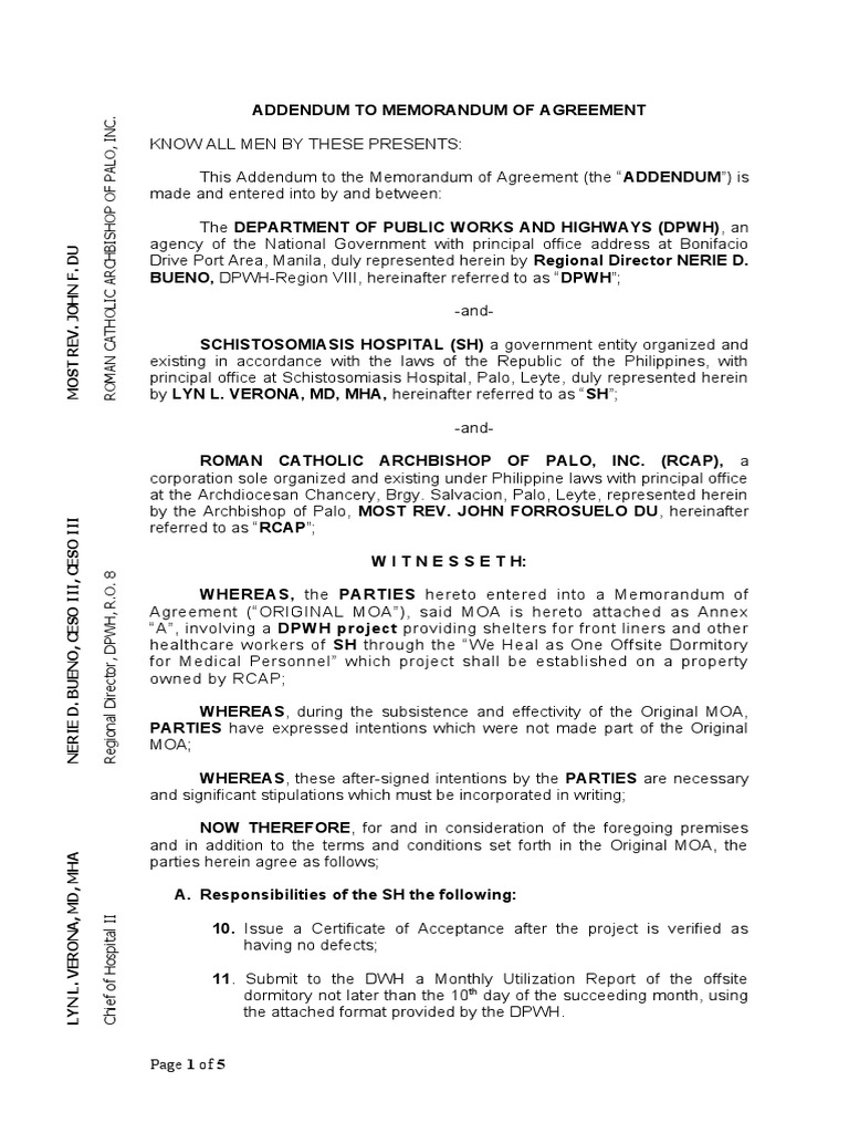 ADDENDUM To MOA BETWEEN DPWH, SH and Rcap | PDF | Social Institutions ...