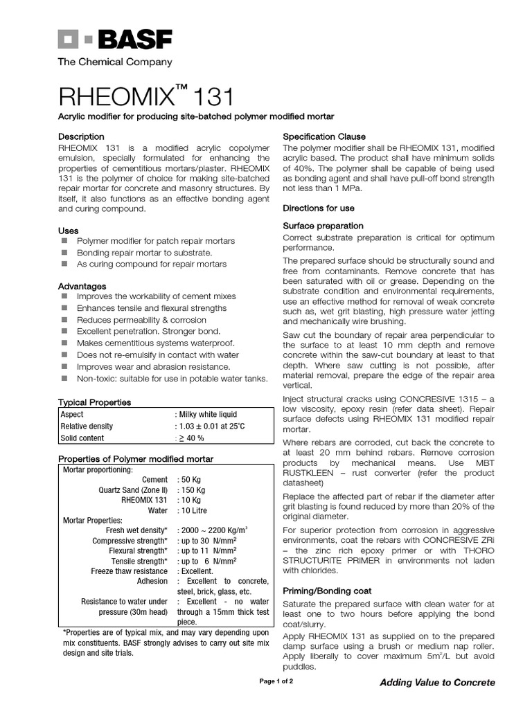Rheomix 131: Page 1 of 2 | PDF | Mortar (Masonry) | Concrete