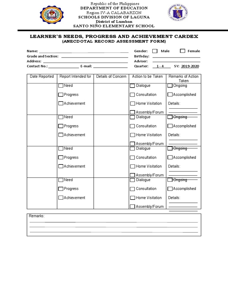 Learner'S Needs, Progress and Achievement Cardex | PDF | Learning | Behavior Modification