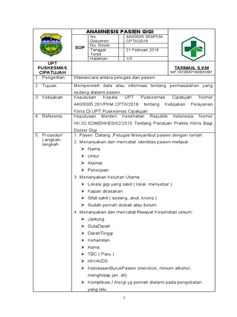 Sop 2 Anamnesis Pasien Gigi CPTJ | PDF