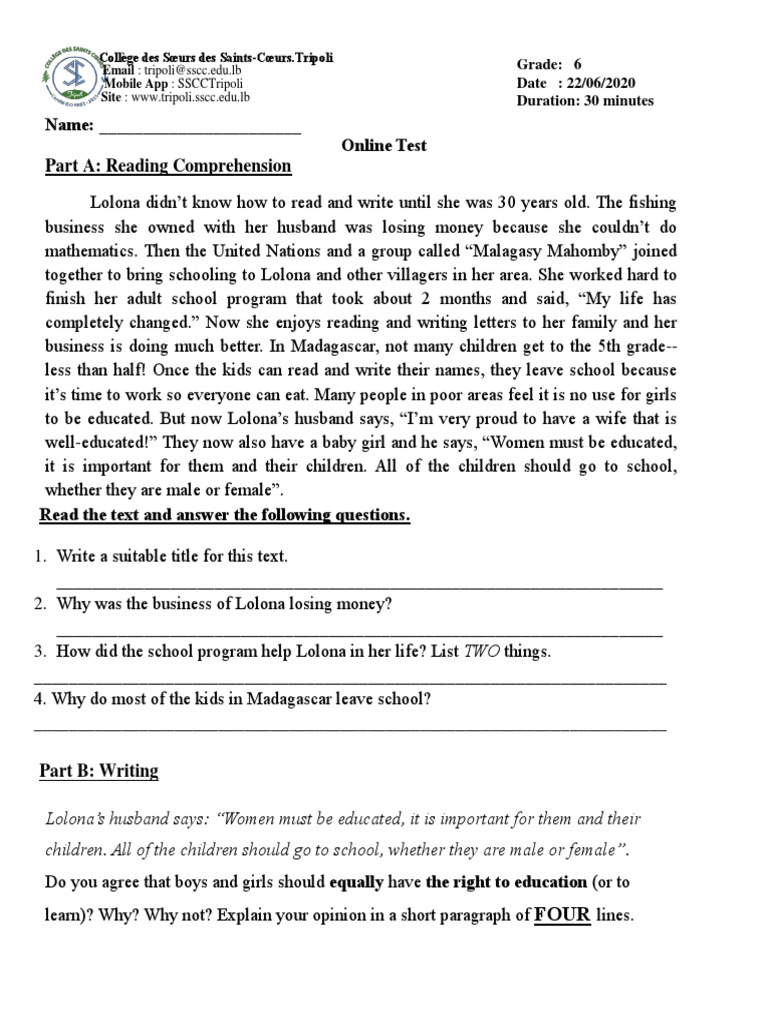 Name: - Online Test Part A: Reading Comprehension | PDF