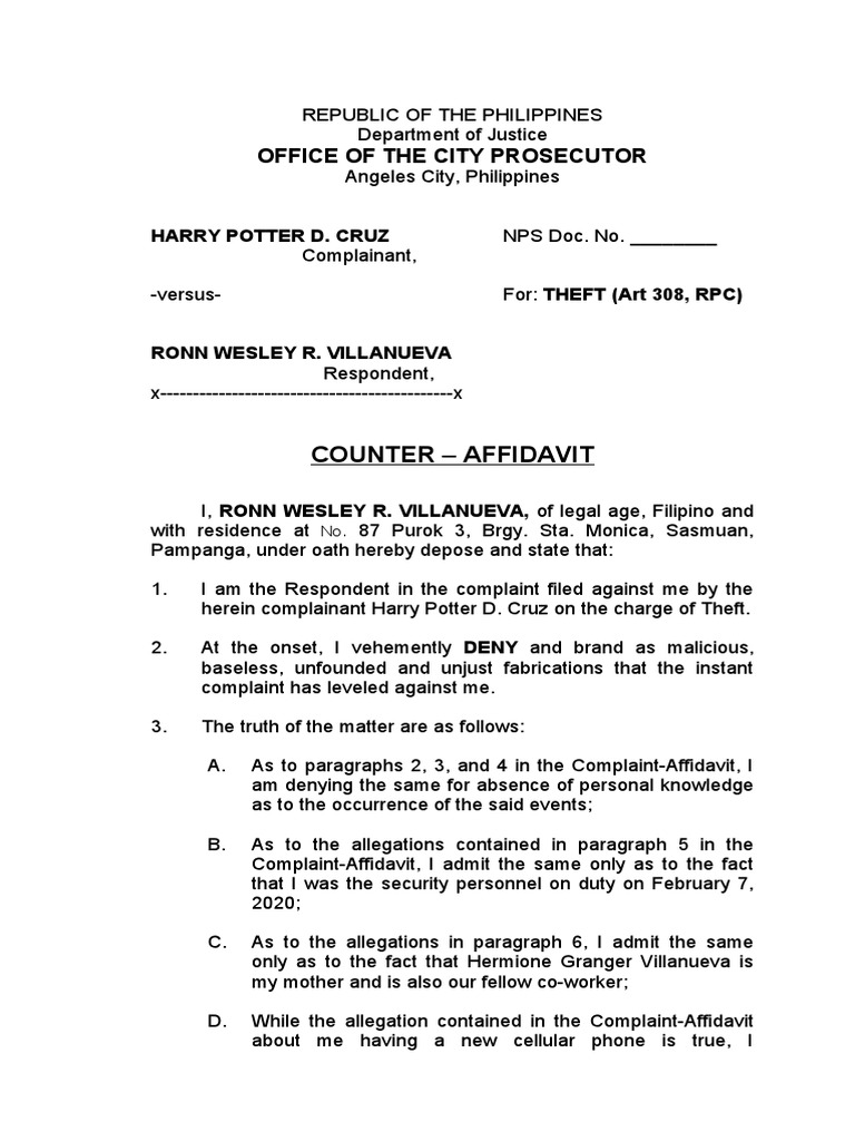 Office of The City Prosecutor: Counter - Affidavit | Download Free PDF | Theft | Possession (Law)