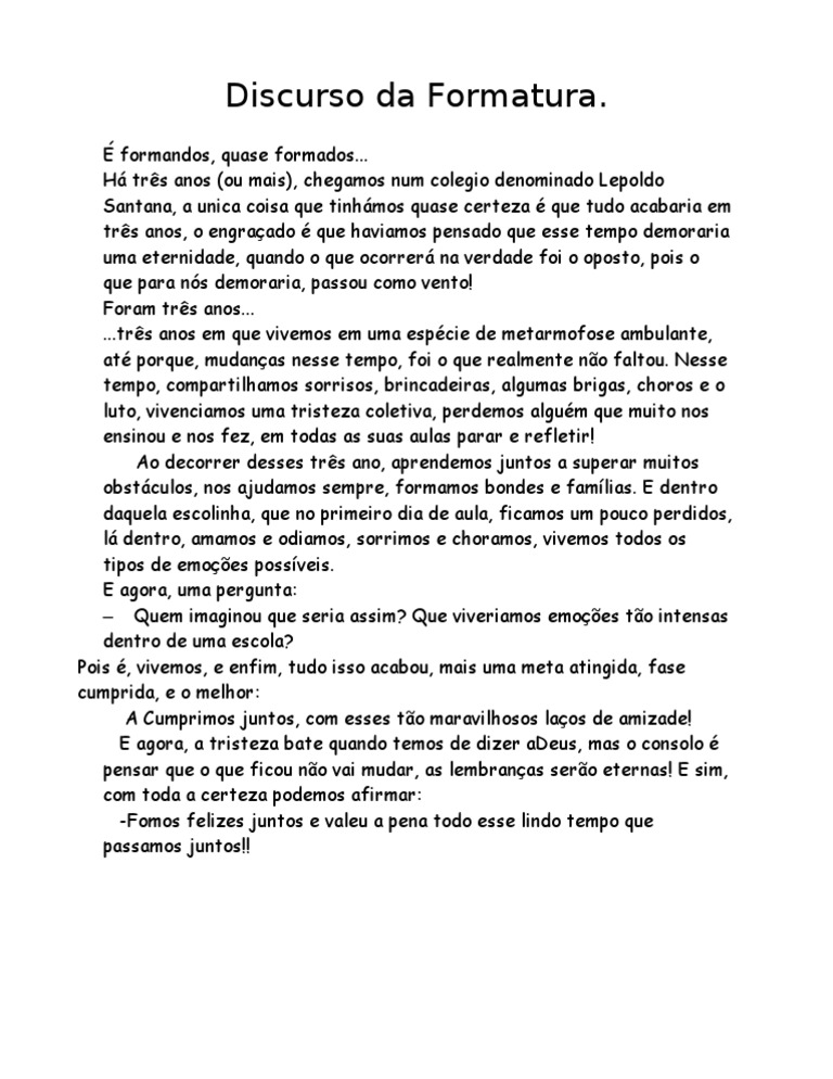 Discurso De Cerimonia De Formatura Do Ensino Medio Discurso Aos
