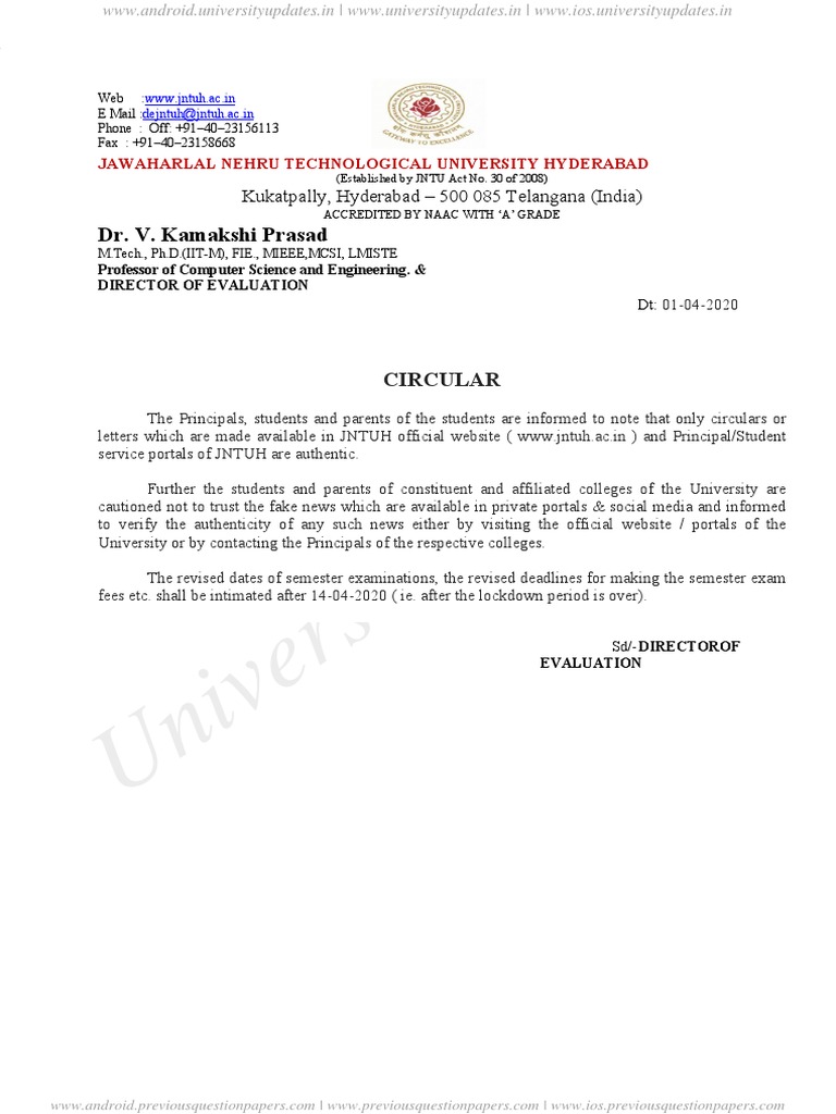 Jntuh Circular Examination Branch 2020 | PDF | Academia | Educational ...