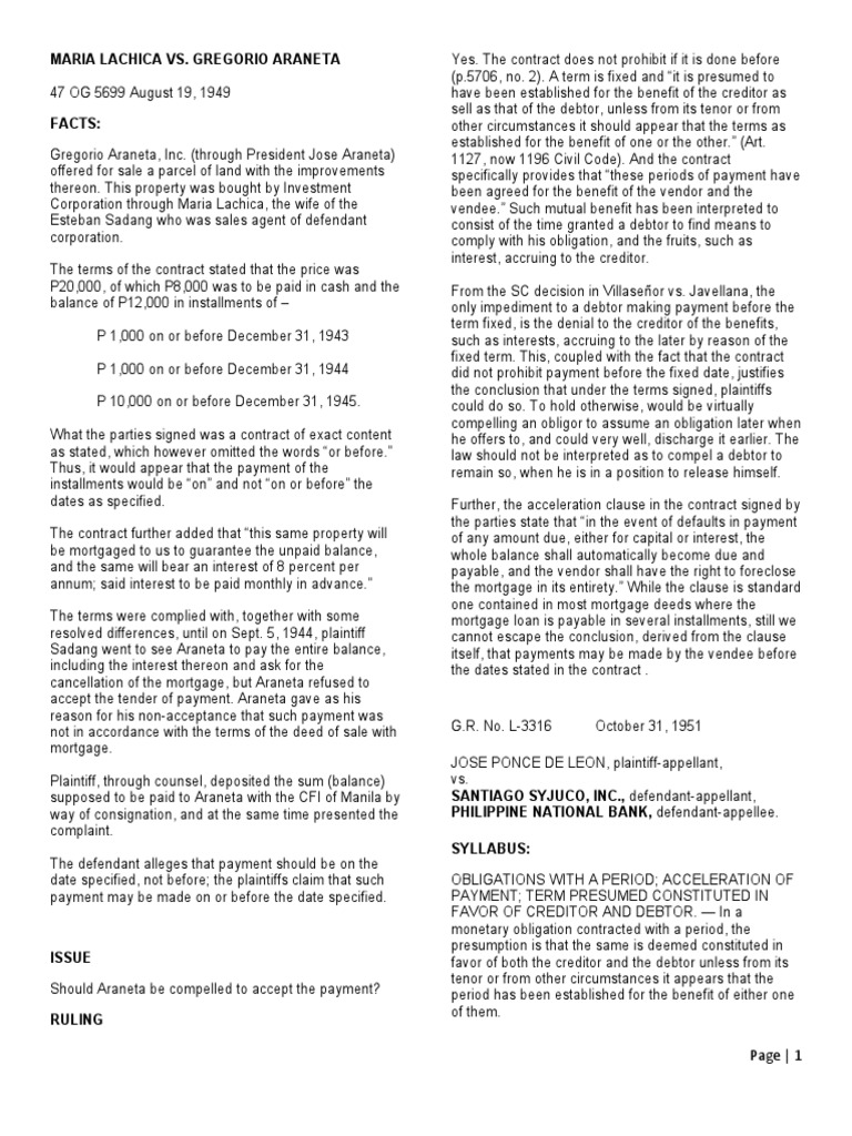 Maria Lachica vs. Gregorio Araneta: Page - 1 | PDF | Lease | Breach Of ...