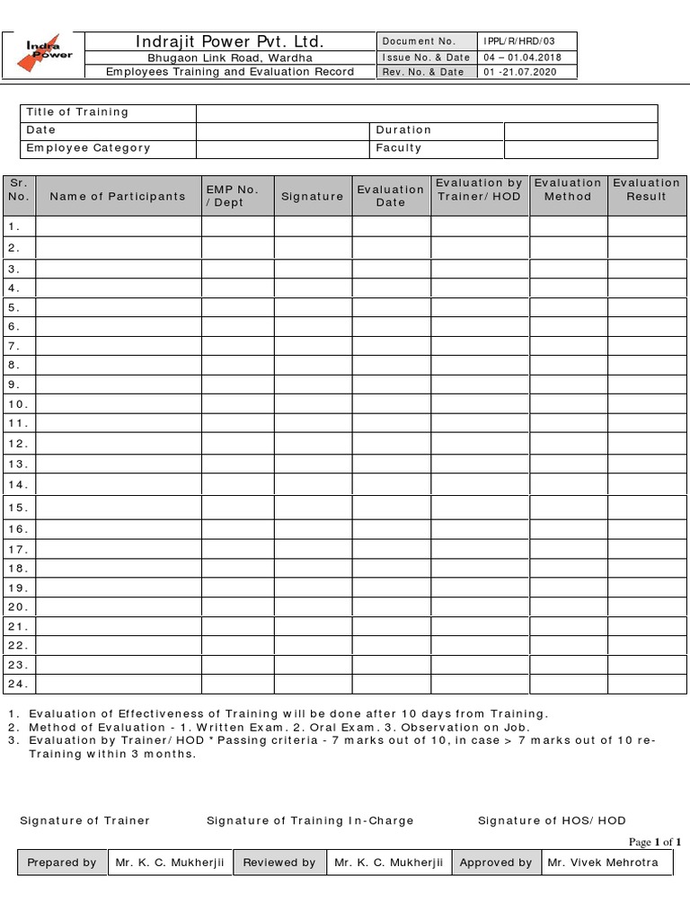 Training Attendance Sheet Blank Format | PDF