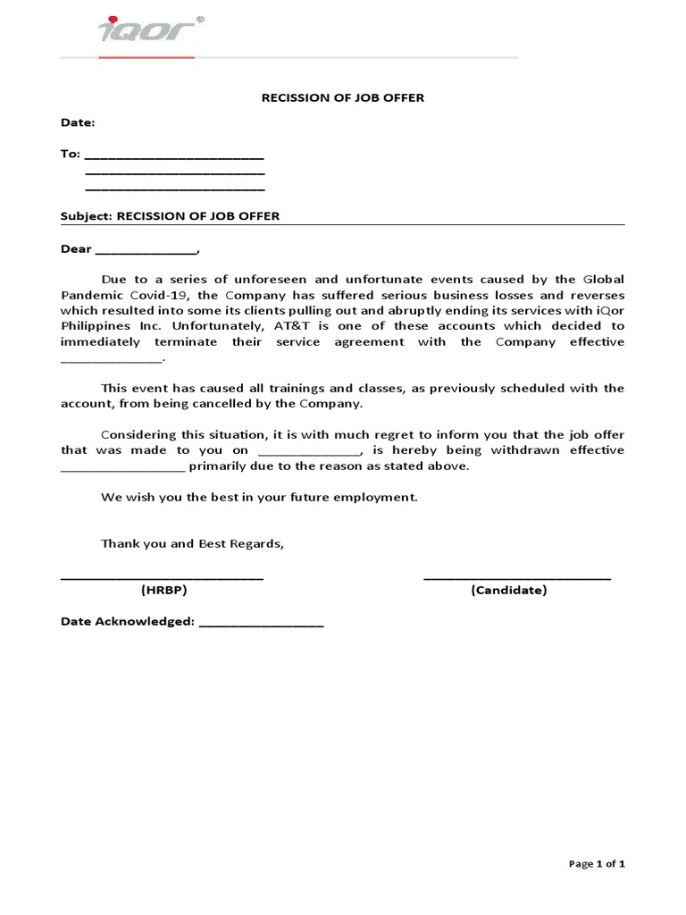 Withdrawal of Job Offer | PDF