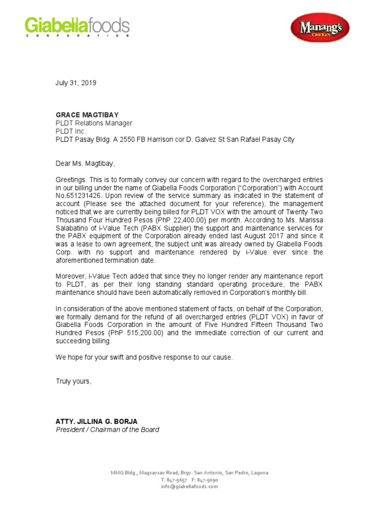 Giabella Letter PLDT Refund 7.31.2019 | PDF