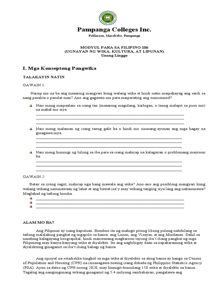 Modyul Sa Filipino 105 - (Week-1) - Modular Class | PDF