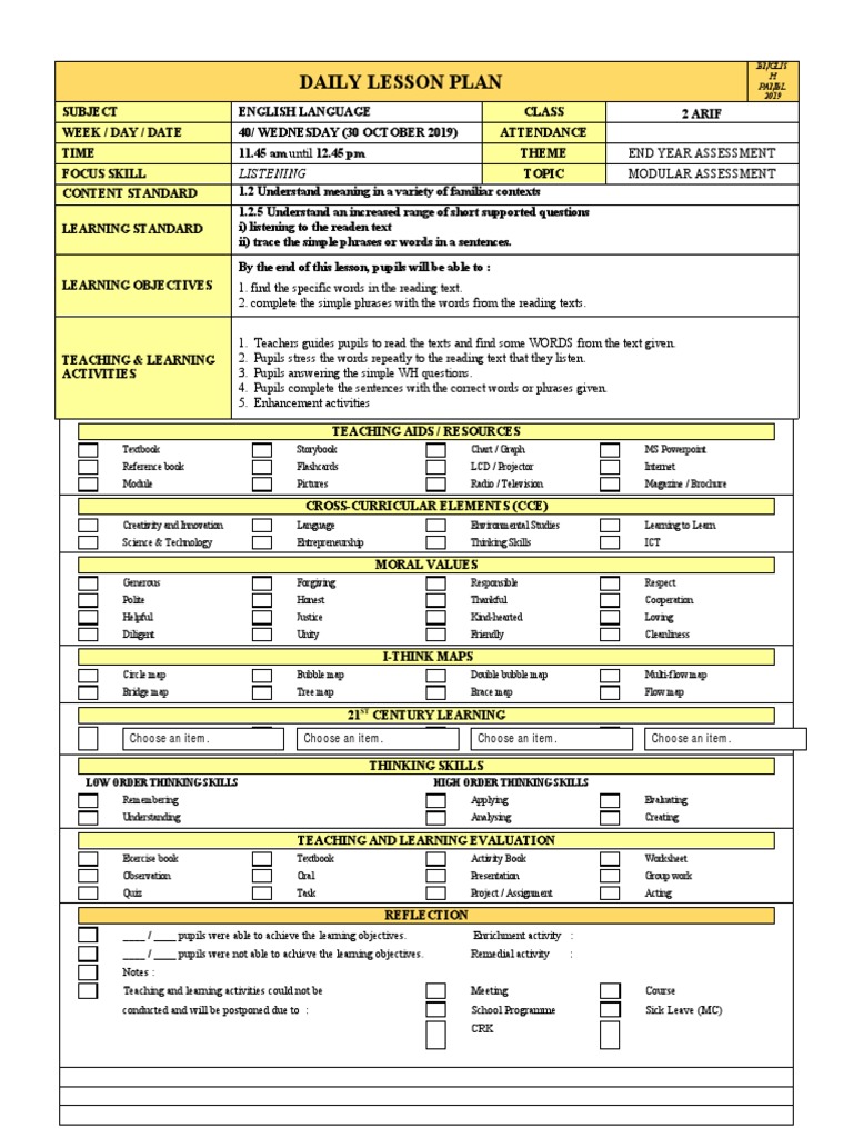 M40 - 30OCT2019TEMPLAT RPH 2019 BIYr2 (Wednesday) | PDF | Lesson Plan | Cognition