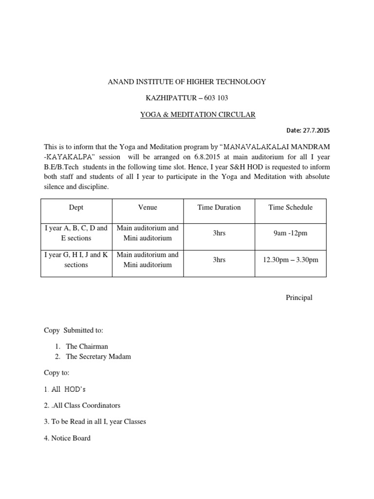 Anand Institute of Higher Technology Yoga and Meditation Committee Announces Upcoming Session ...