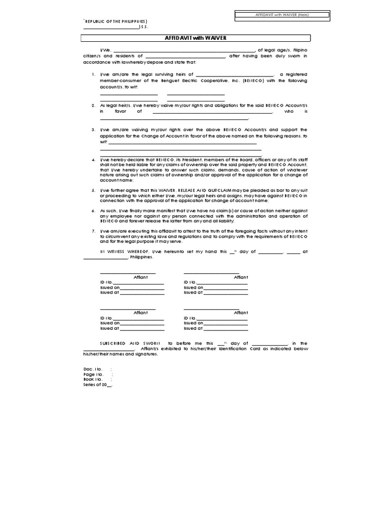 Affidavit With Waiver Heirs | PDF | Affidavit | Public Law