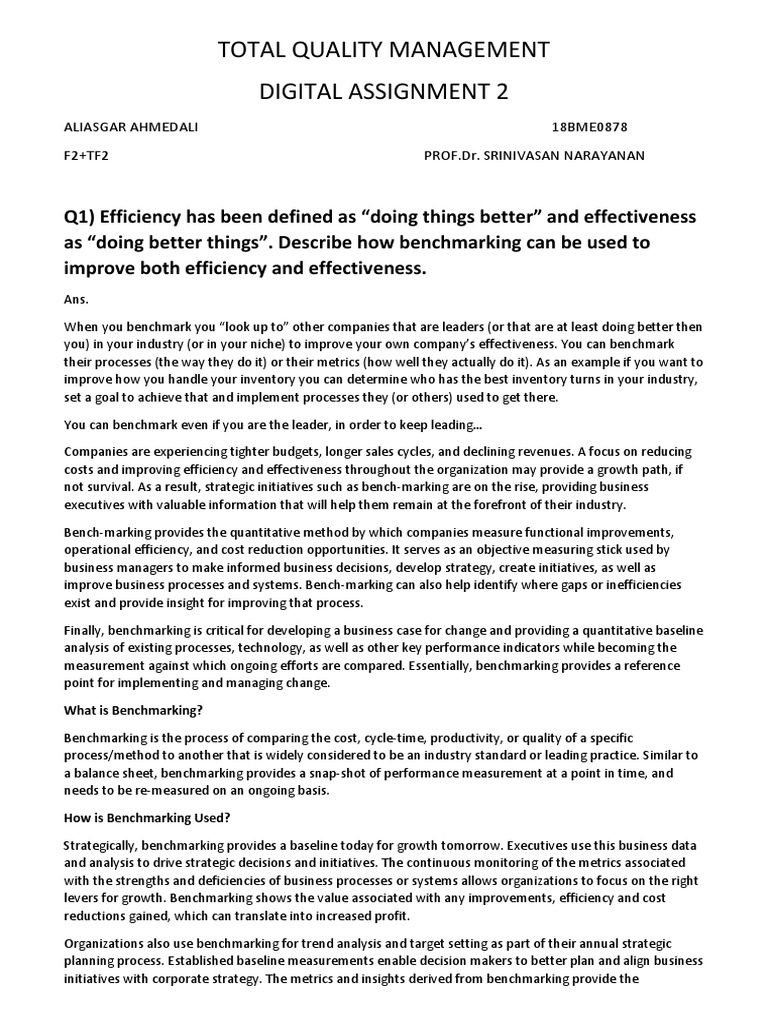 Total Quality Management Digital Assignment 2 | PDF | Benchmarking ...