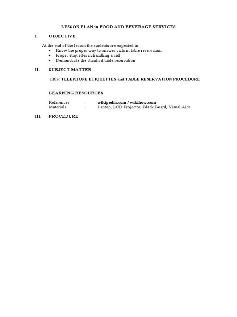 Lesson Plan in Food and Beverage Service!! | PDF | Waiting Staff ...