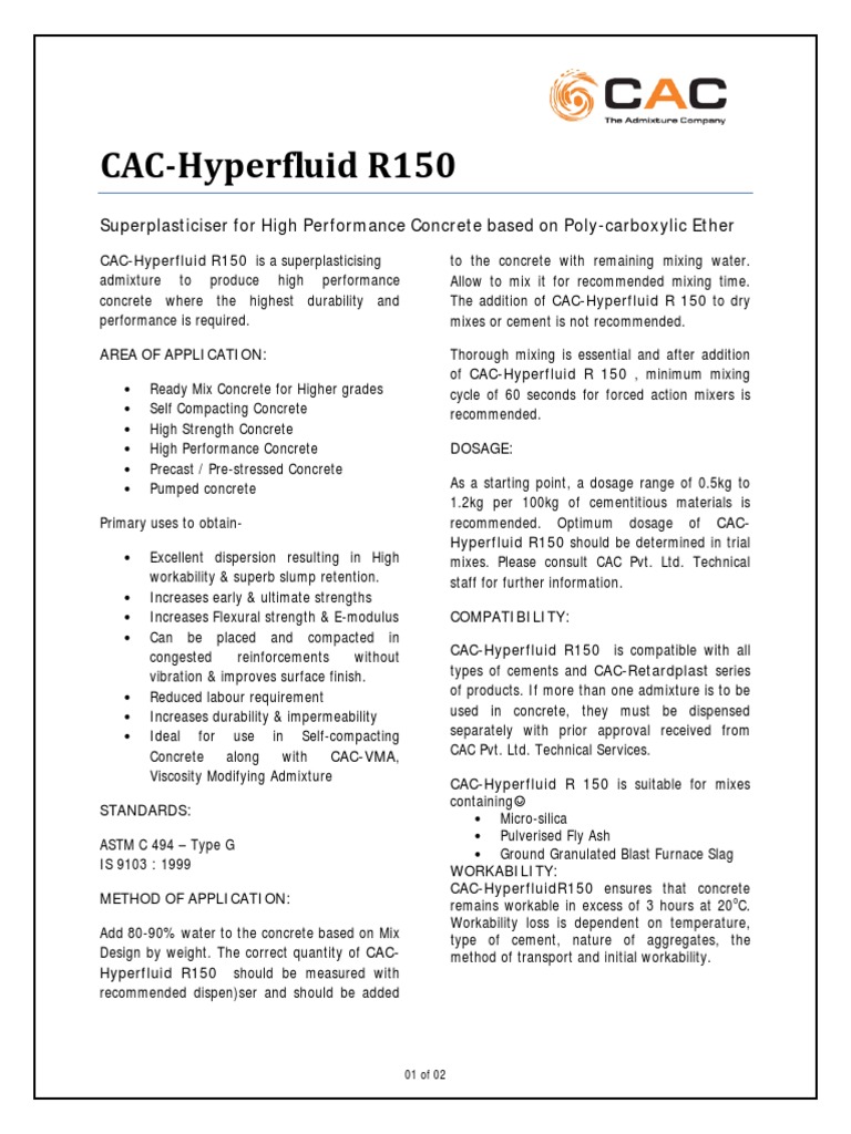 CAC-Hyperfluid R150: Superplasticiser For High Performance Concrete ...