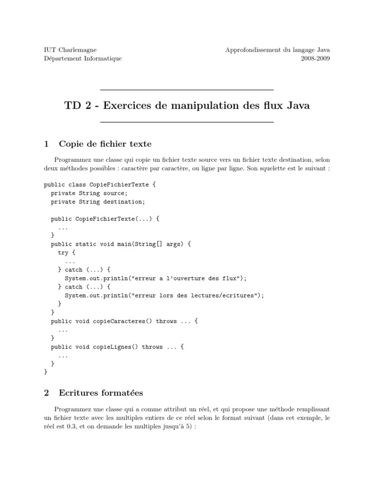 TD 2 Exercices de Manipulation Des Flux Java PDF | PDF | Java (Langage de programmation ...