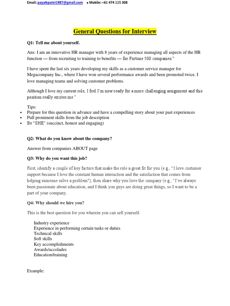 General Questions For Interview: Q1: Tell Me About Yourself | PDF ...