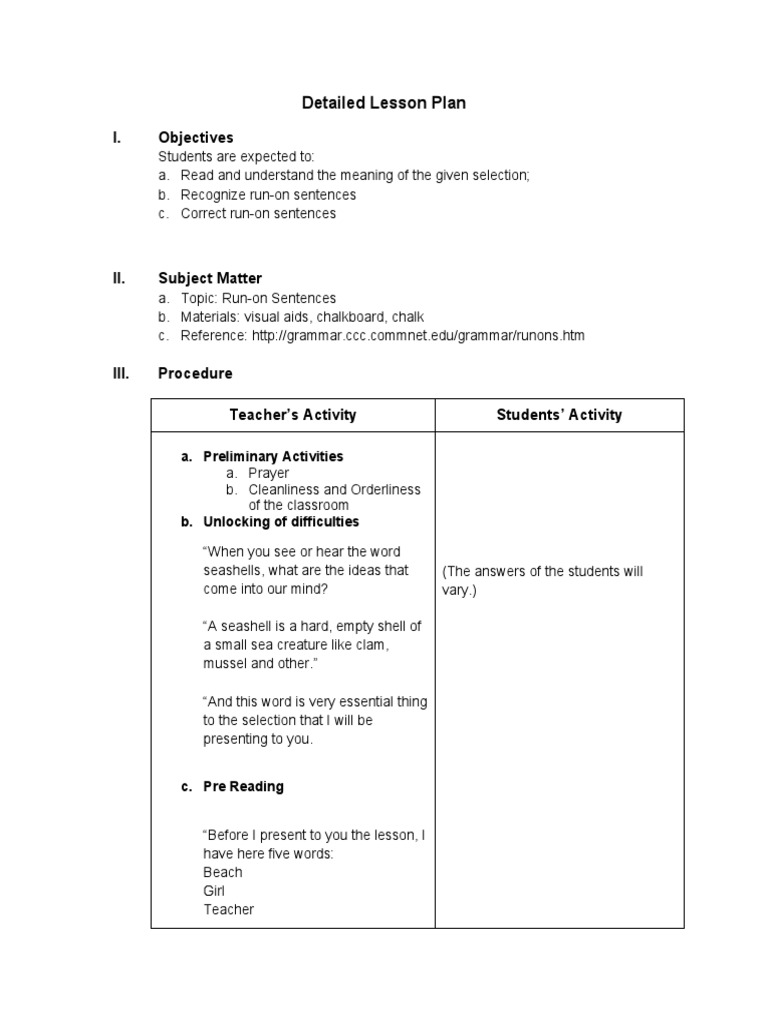 Demo Lesson Plan on Run-on Sentences | PDF | Lesson Plan | Teachers
