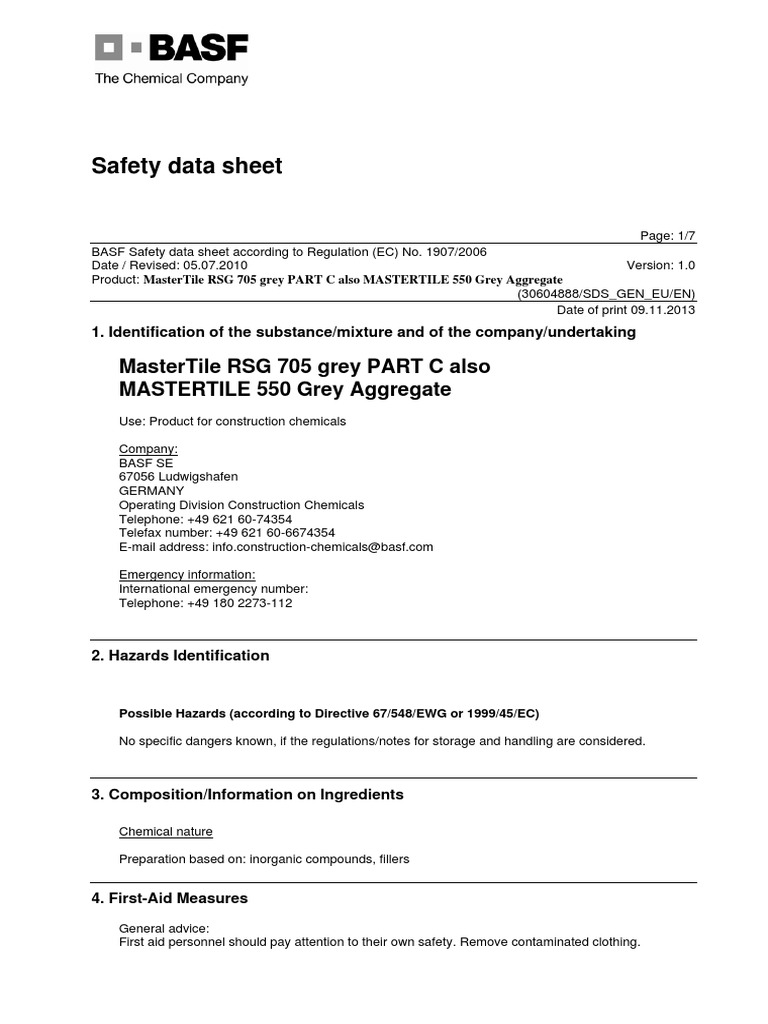 MasterTile RSG 705 Safety Data Sheet | PDF | Toxicity | Dangerous Goods