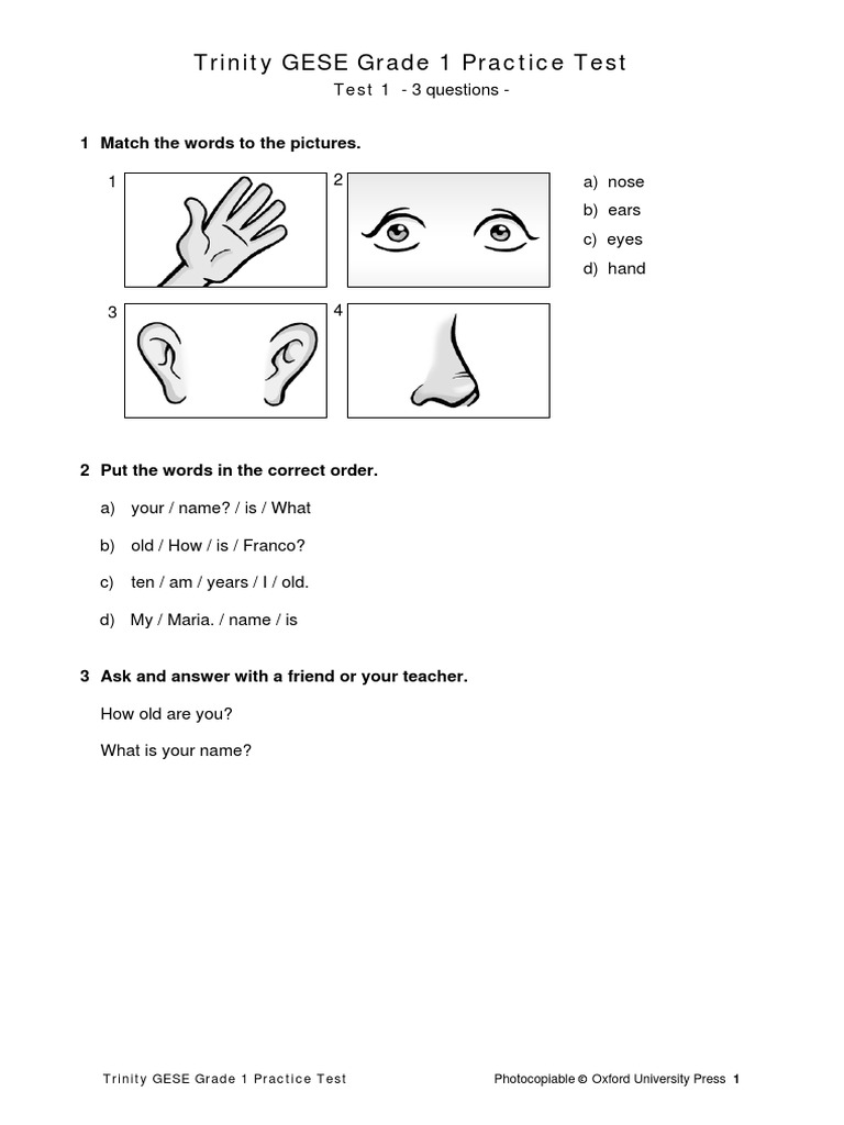 Trinity GESE Grade 1 Practice Test: 1 Match The Words To The Pictures | PDF