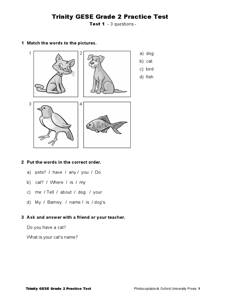Trinity GESE Grade 2 Practice Test: 1 2 A) Dog B) Cat C) Bird D) Fish | PDF