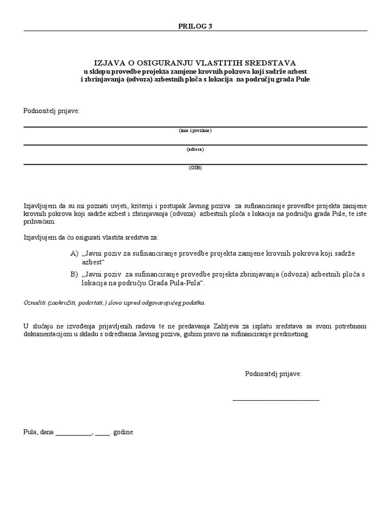 Prilog 3 Izjava o Osiguranju Vlastitih Sredstava | PDF