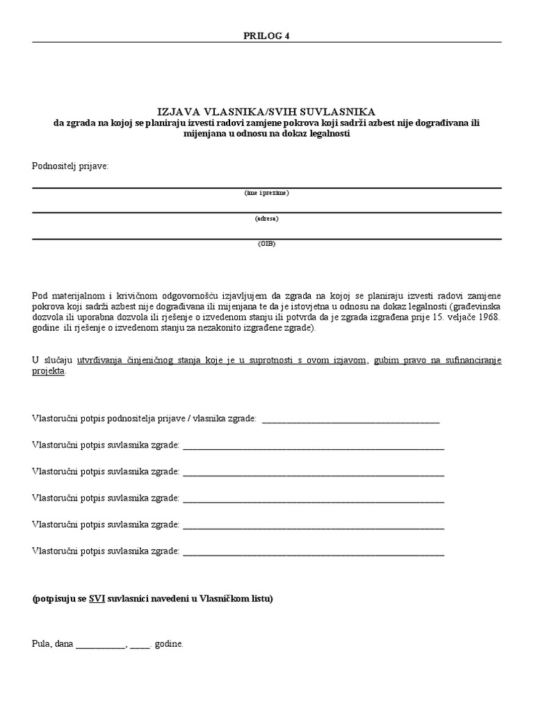 Prilog 4 Izjava Vlasnika - Svih Suvlasnika o Istovjetnosti Podataka I ...