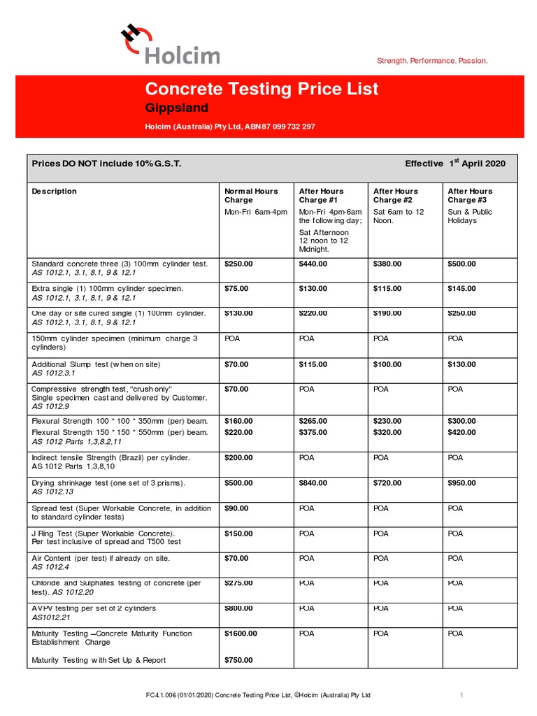 Concrete Testing Price List: Gippsland | PDF | Materials | Building ...