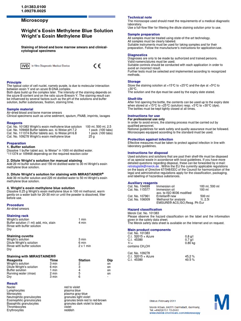 Microscopy Wright's Eosin Methylene Blue Solution Wright's Eosin Methylene Blue | PDF | Staining ...