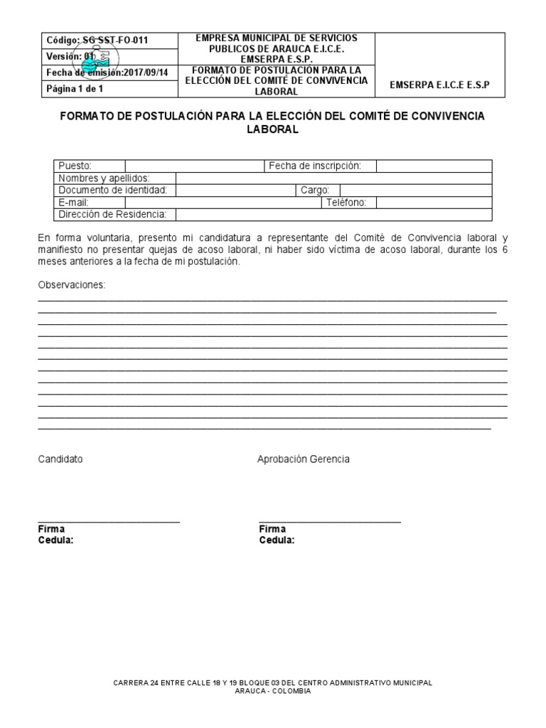 SG SST-FO-011 Formato de Postulación para Le Elección Del Comité de Convivencia Laboral | PDF ...