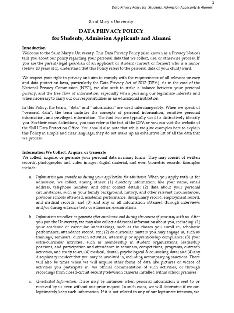 Data Privacy Policy For Students, Admission Applicants and Alumni | PDF ...