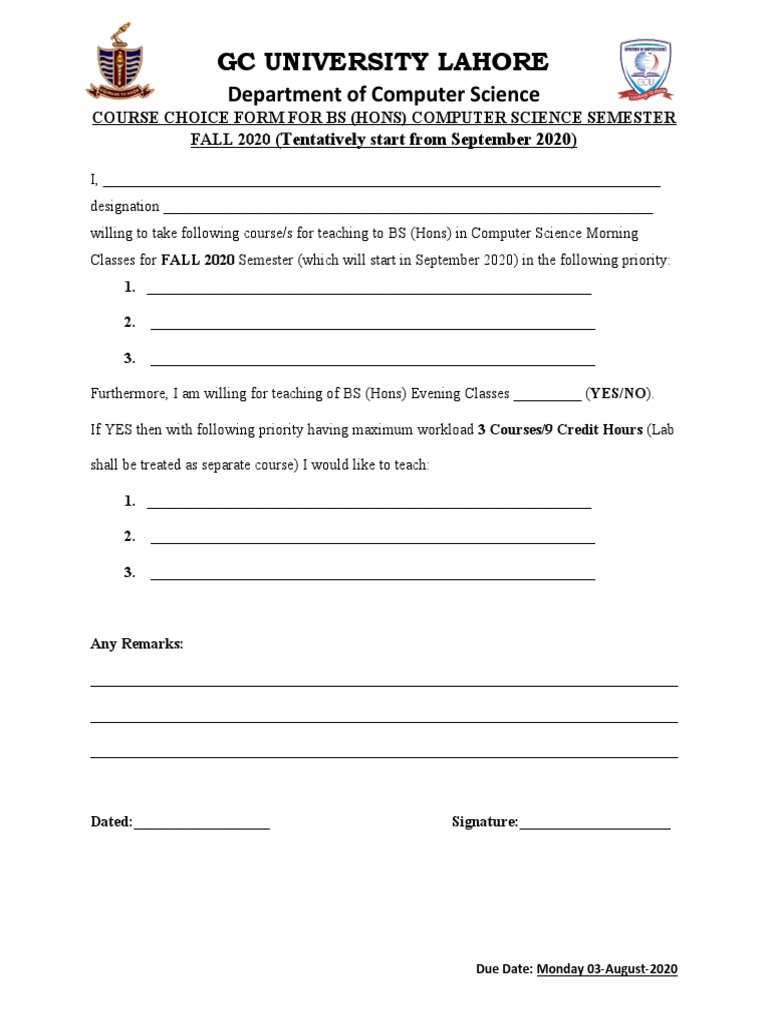 COURSE CHOICE FORM Fall 2020 | PDF | Course Credit | Academia