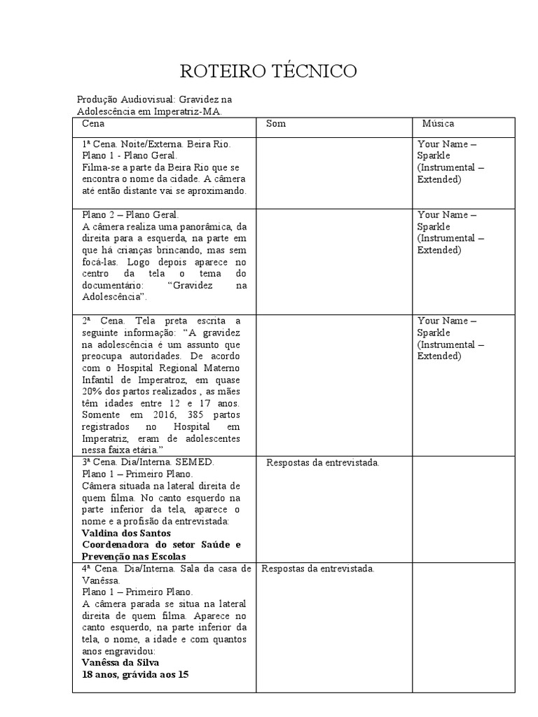 Roteiro Documentário Oficial | PDF | Gravidez | Adolescência