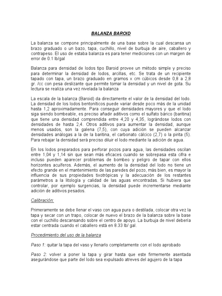 Uso y calibración de balanza Baroid | PDF | Densidad | Naturaleza