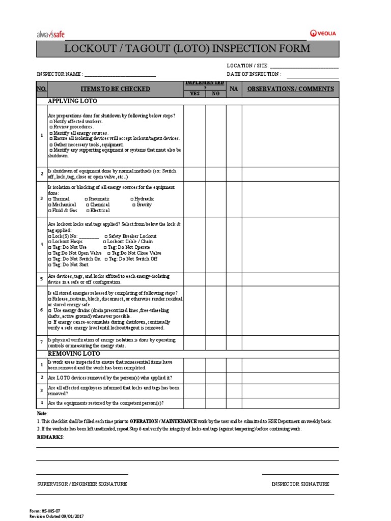 9.8 Lockout & Tagout Inspection Form | Download Free PDF | Safety ...
