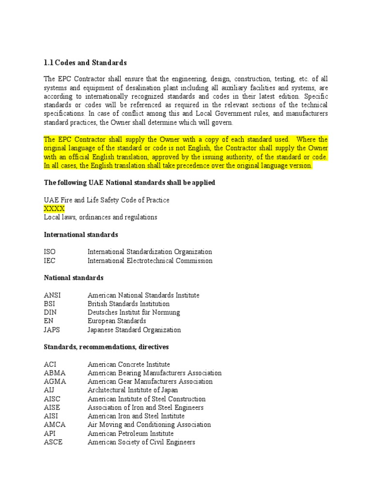 1.1 Codes and Standards: The Following UAE National Standards Shall Be ...