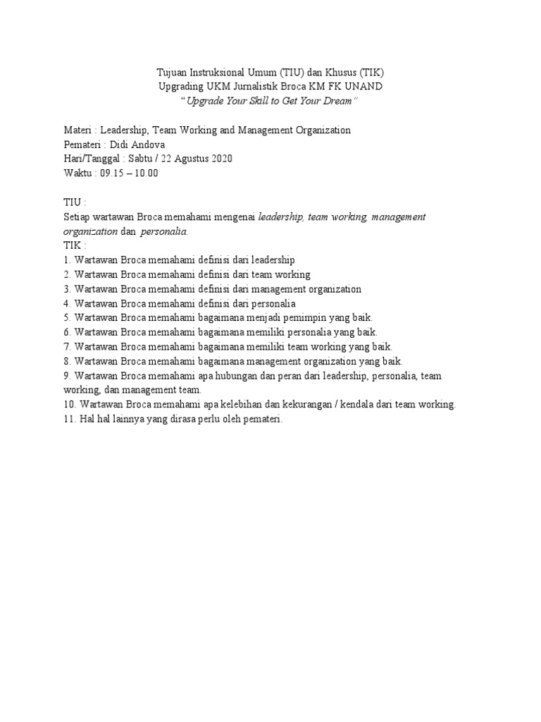 TIU Dan TIK Leadership, Team Working and Management Organization | PDF | Ilmu Sosial
