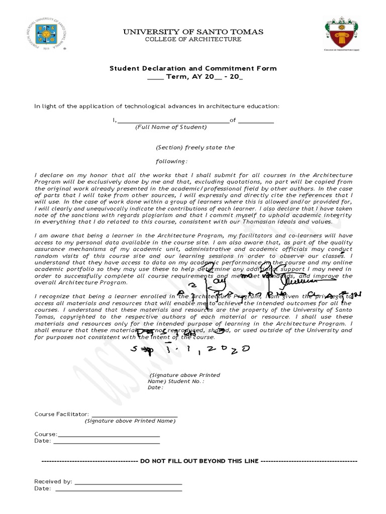 University of Santo Tomas: Student Declaration and Commitment Form Term, AY 20 - 20 | PDF ...