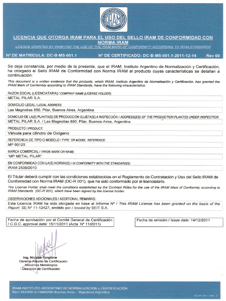 Certificado Iram 2012 | PDF