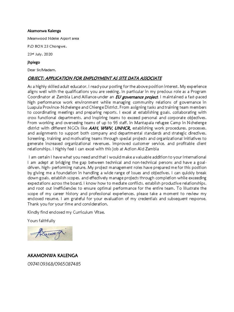 Object: Application For Employment As Site Data Associate | PDF