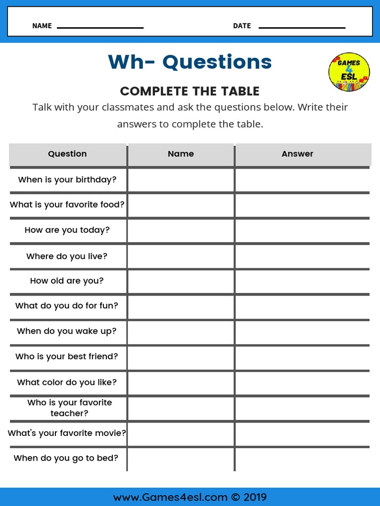WH Questions Worksheets Games4ESL | PDF | Question