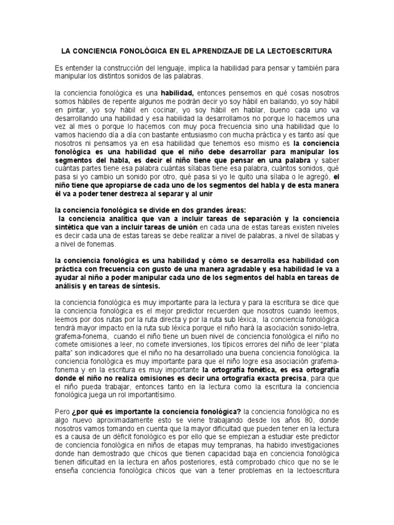 La Conciencia Fonológica en El Aprendizaje de La Lectoescritura | PDF ...