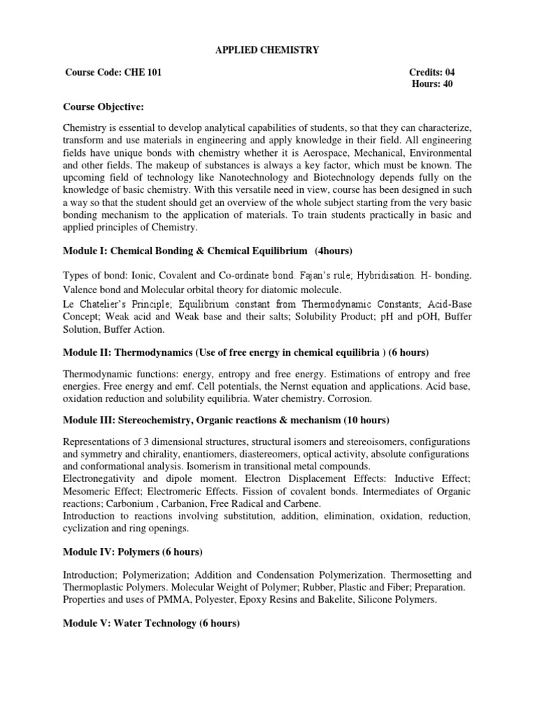 Applied Chemistry (CHE - 101) | PDF | Chemical Bond | Chemical Equilibrium