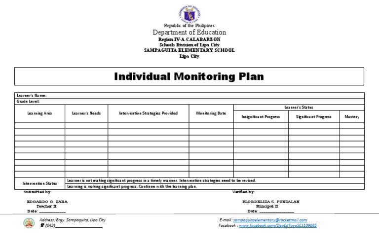 Individual Monitoring Plan: Department of Education | PDF | Teaching ...