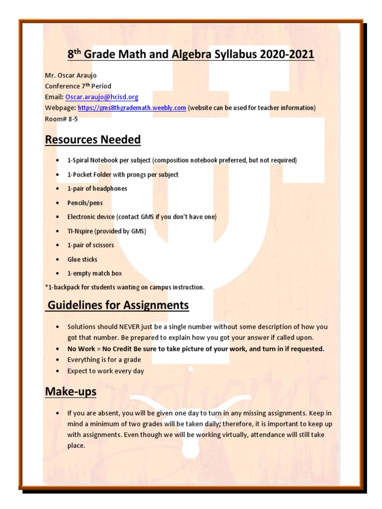 8th Grade Math Syllabus 2020-2021 | PDF | Homework | Test (Assessment)