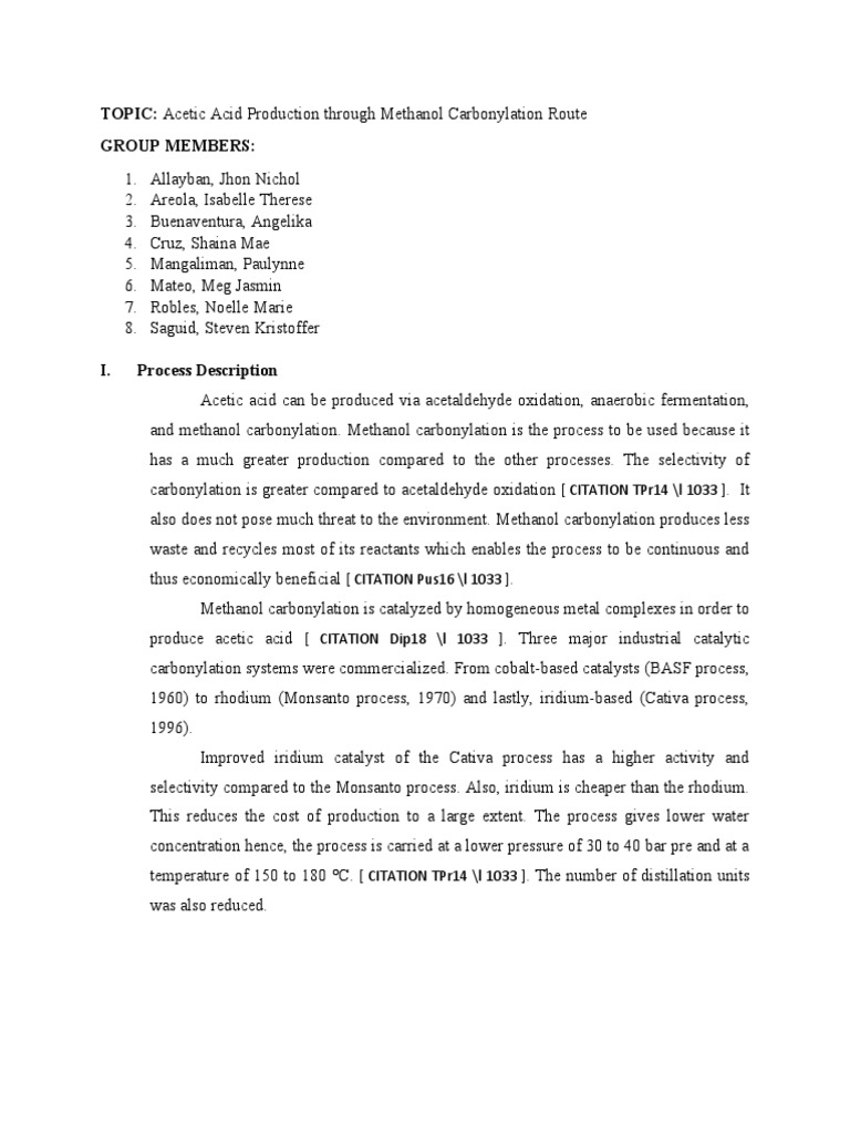 TOPIC: Acetic Acid Production Through Methanol Carbonylation Route ...