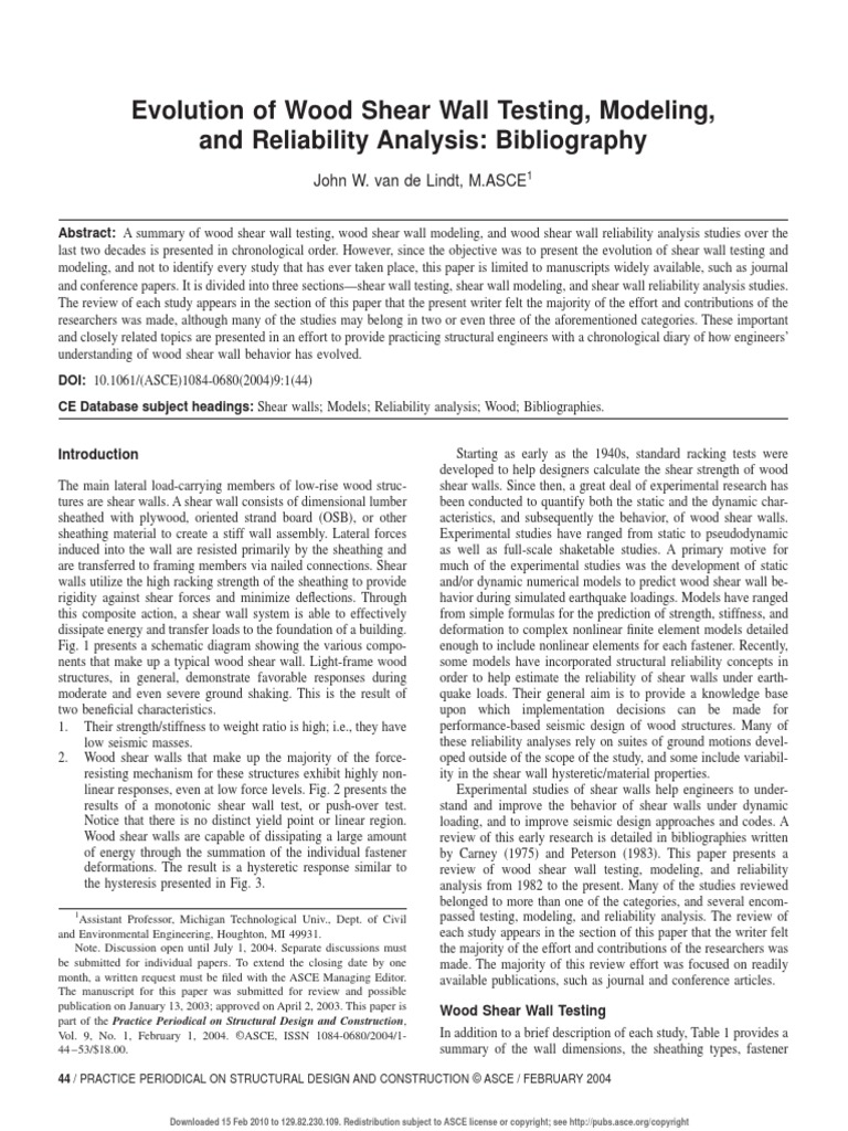 Evolution of Wood Shear Wall Testing, Modeling, and Reliability ...